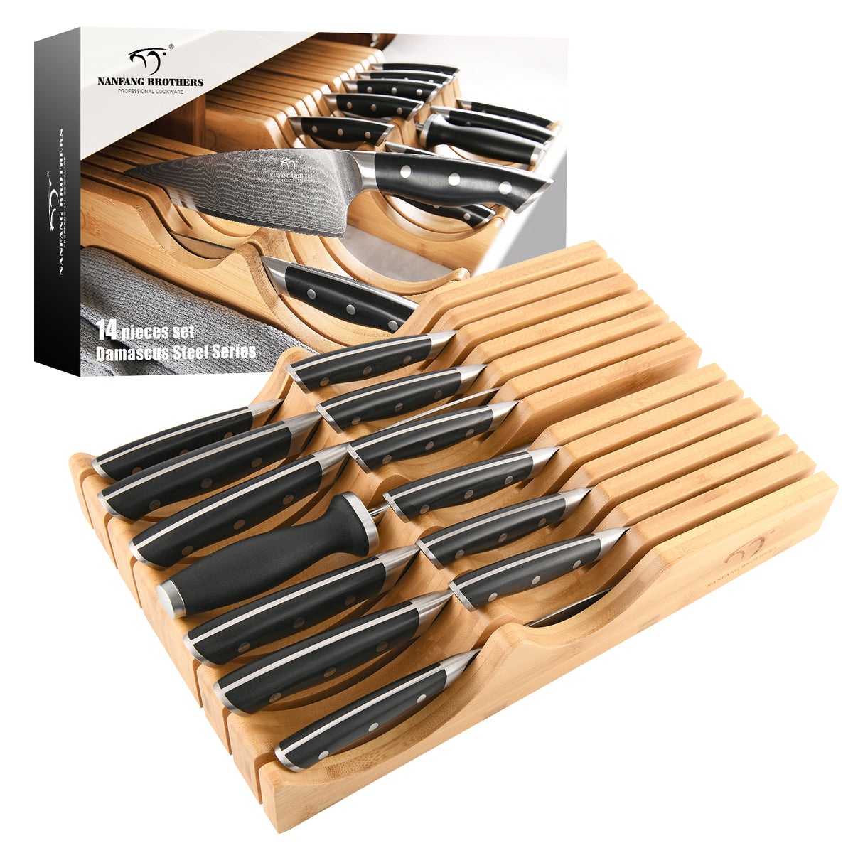 14-Pieces Damascus Kitchen Knife Set with Bamboo Drawer Organizer ...